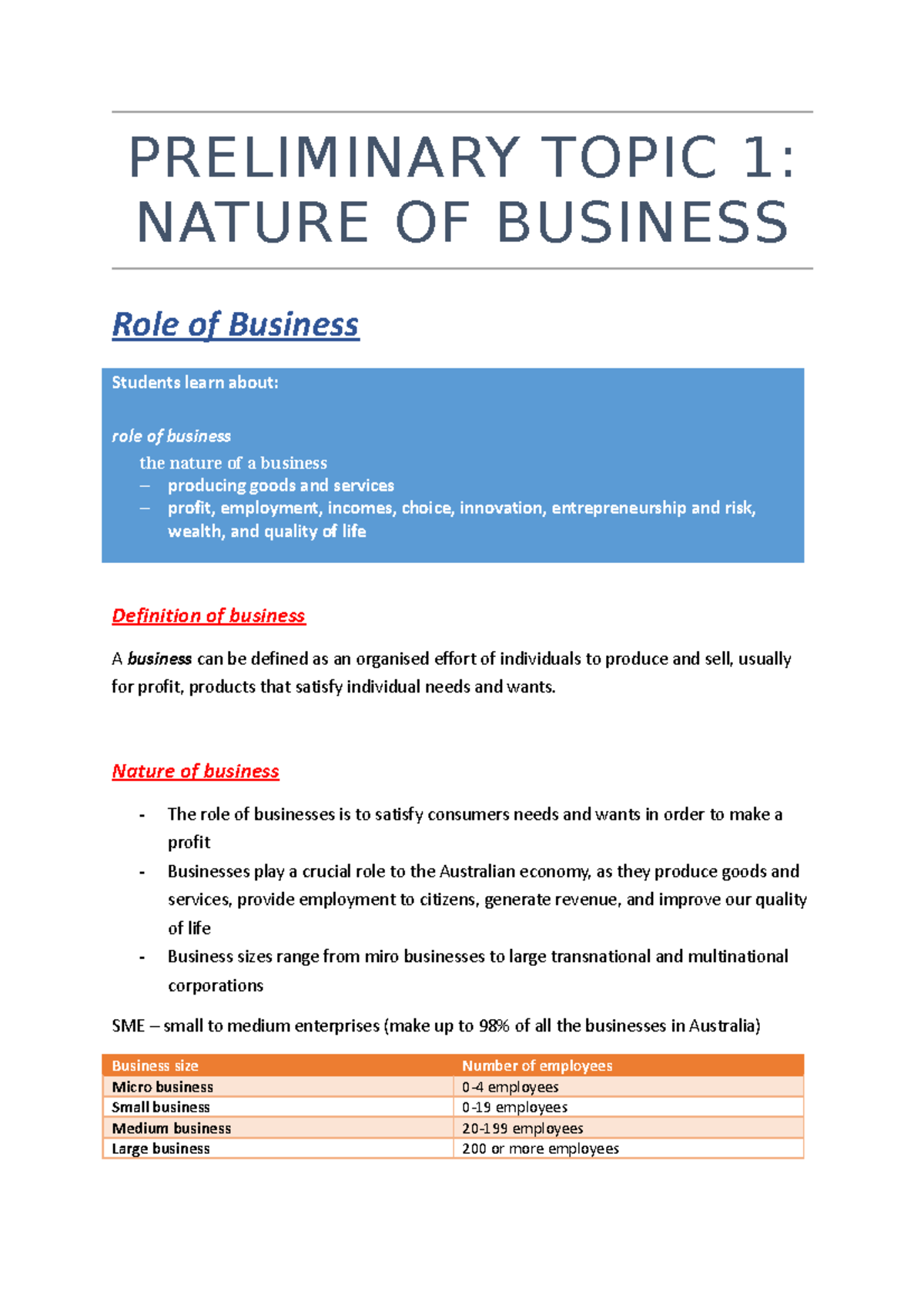 Preliminary topic 1 - Nature of Business - PRELIMINARY TOPIC 1: NATURE ...