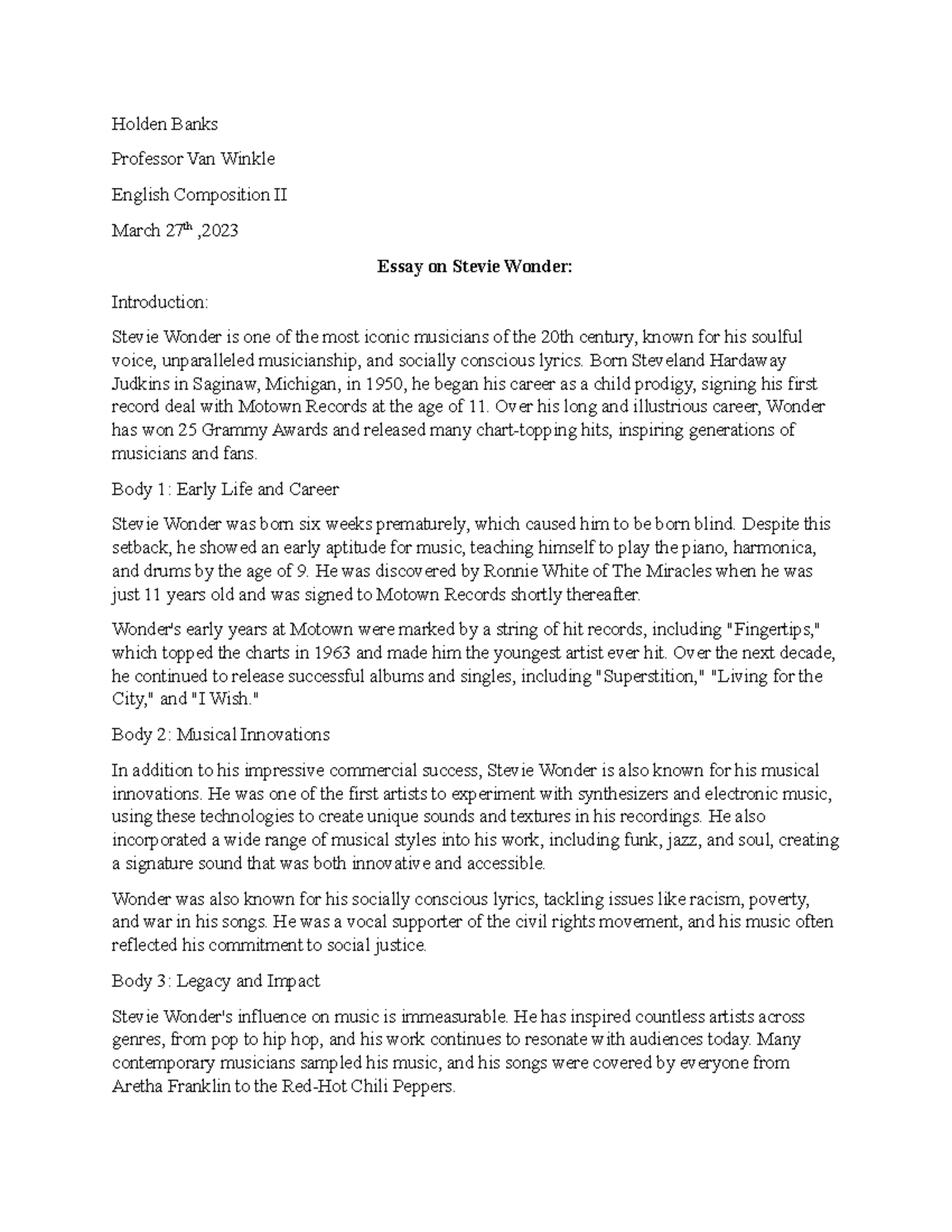 Essay on Stevie Wonder and his Lifestyle - Holden Banks Professor Van ...