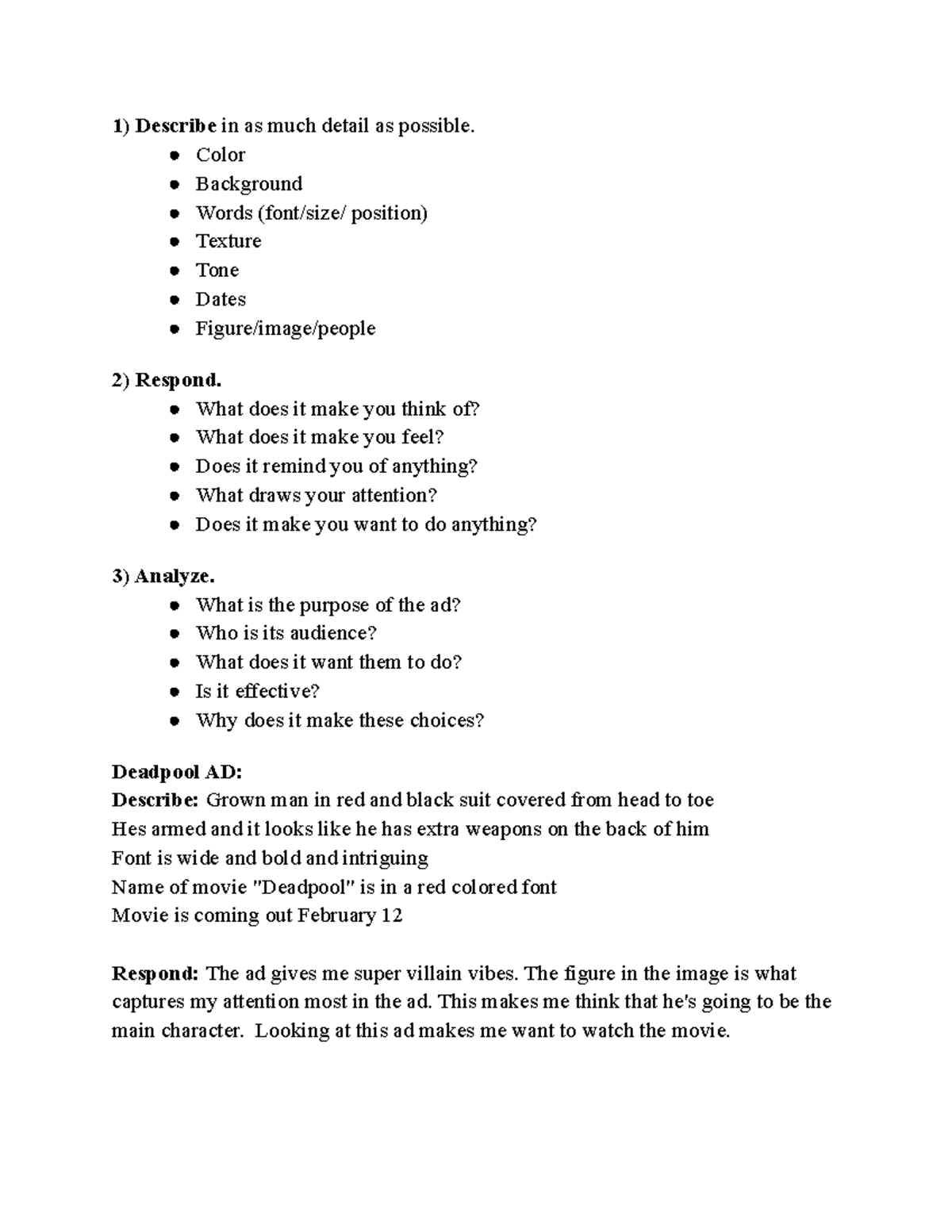 Visual Analysis Steps - Describe in as much detail as possible. Color ...
