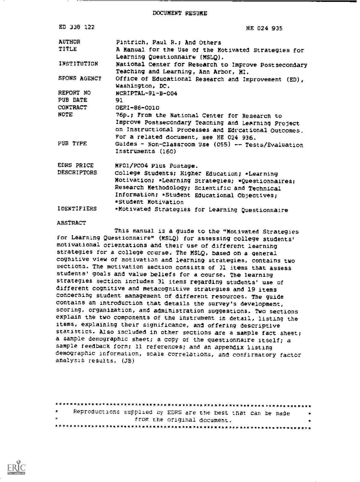 Questionnaire quant - DOCUMENT RESUME ED 338 122 HE 024 935 AUTHOR ...