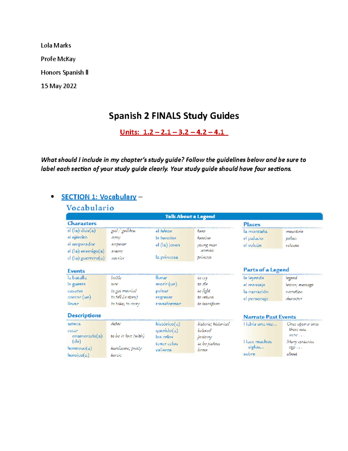 Spanish 2 Study Guidelines(1) (2) - Lola Marks Profe McKay Honors ...