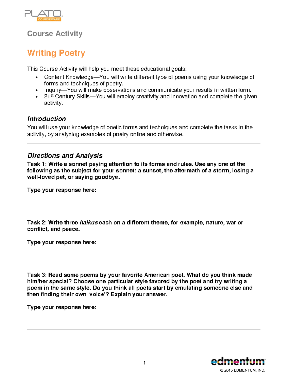 Writing poetry CA - 1 © 2015 EDMENTUM, INC. Course Activity Writing ...