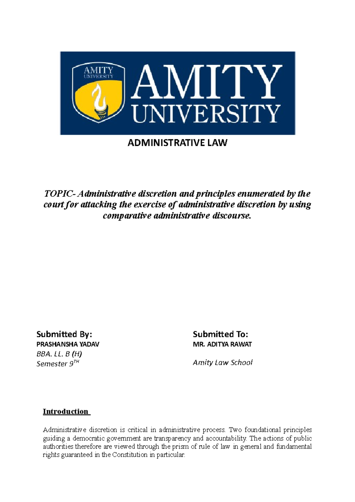 Administrative LAW Assignment Prashansha - ADMINISTRATIVE LAW TOPIC ...