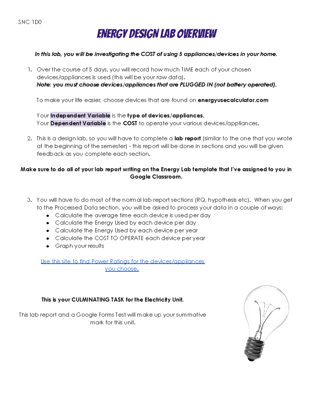 Energy Lab INFO & Instructions - Google Docs - SNC 1D ENERGY DESIGN LAB ...