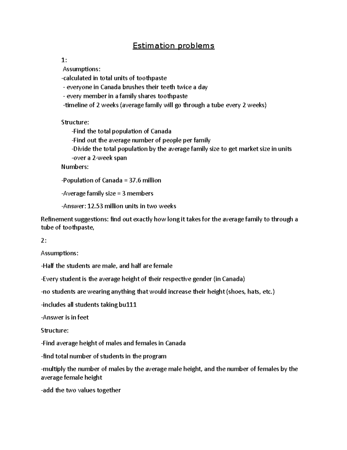 Estimation problems - Estimation problems 1: Assumptions: -calculated ...