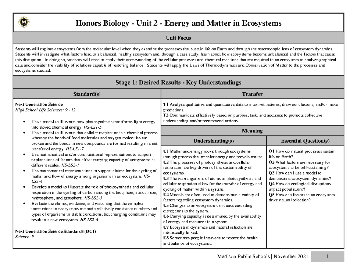 Honors Biology-Unit2-Energyand Matterin Ecosystemsw - Madison Public ...