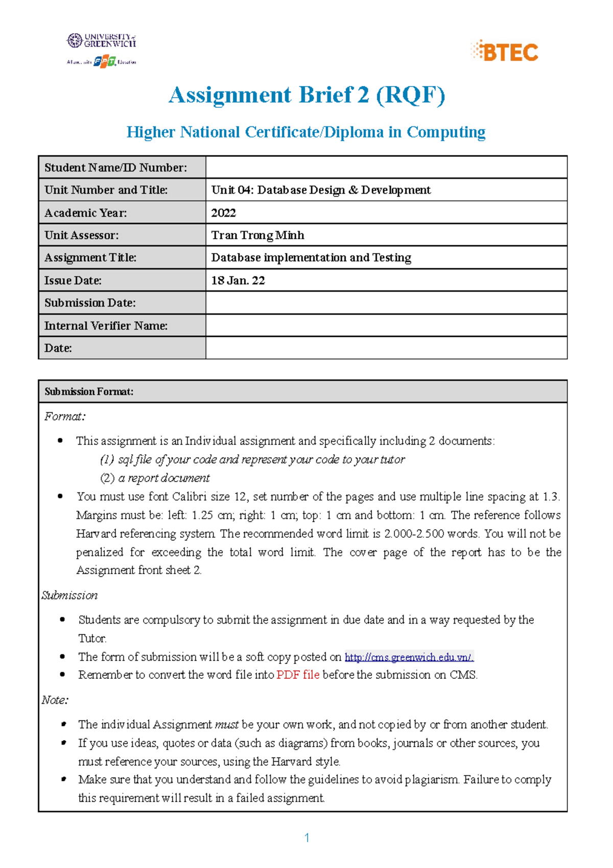 1 04-DDD.Assignment 2 brief - Assignment Brief 2 (RQF) Higher National Certificate/Diploma in ...