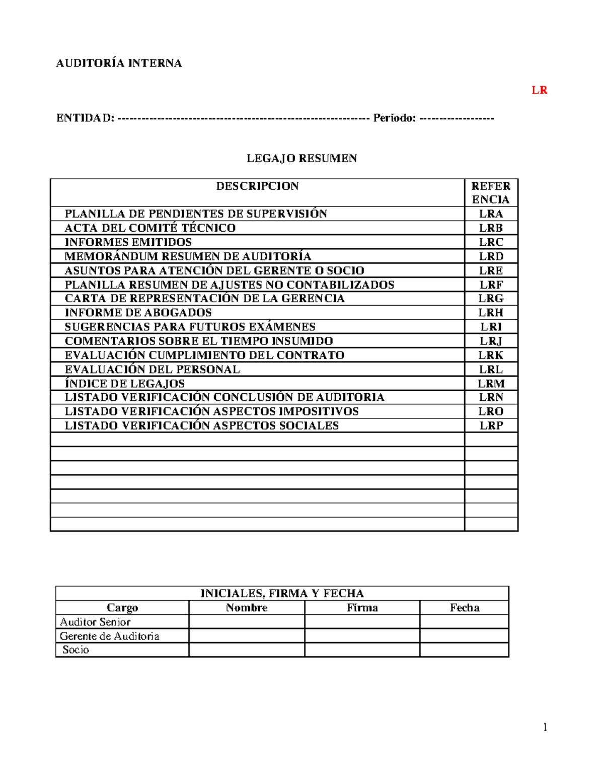 Legajo Resumen 2015 - LR ENTIDAD: - Periodo: - LEGAJO RESUMEN DESCRIPCION REFER ENCIA PLANILLA ...