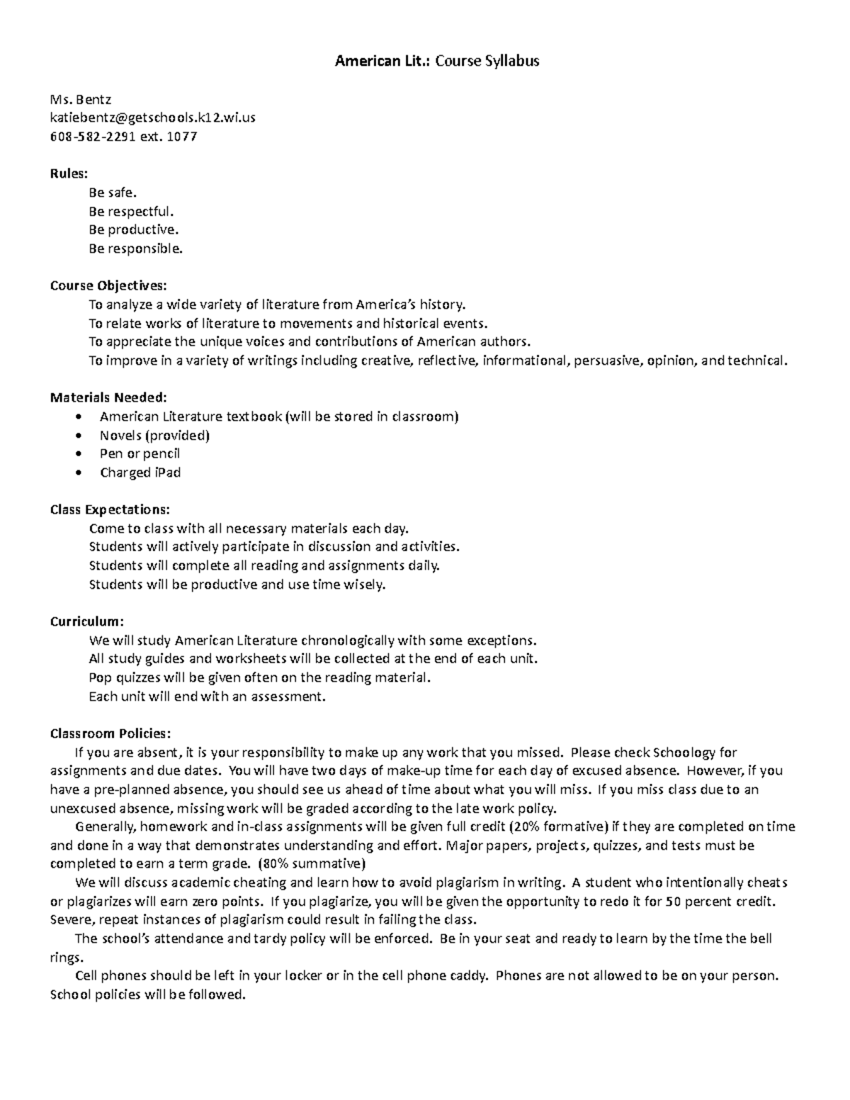 - 18431504. Syllabus 2 - American Lit.: Course Syllabus Ms. Bentz ...
