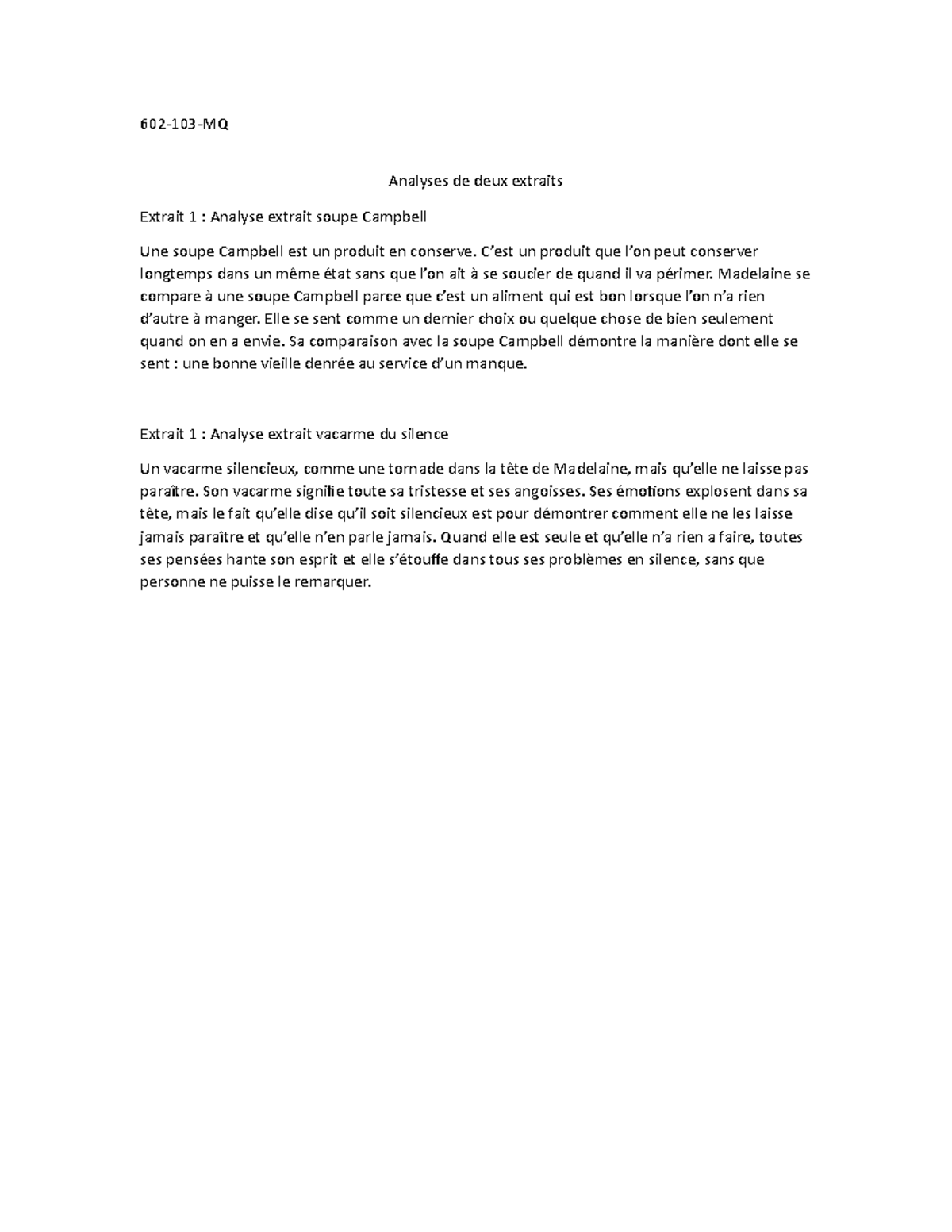 Exemples analyses littéraires - 602-103-MQ Analyses de deux extraits ...