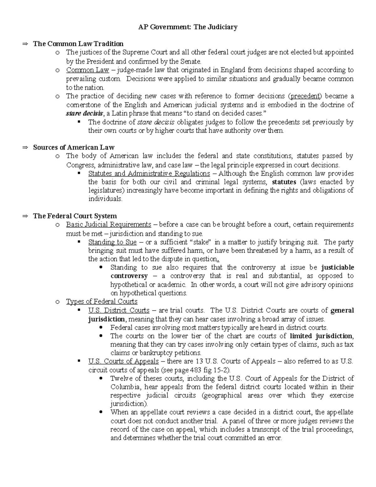 AP Judicial - Notes - AP Government: The Judiciary The Common Law ...