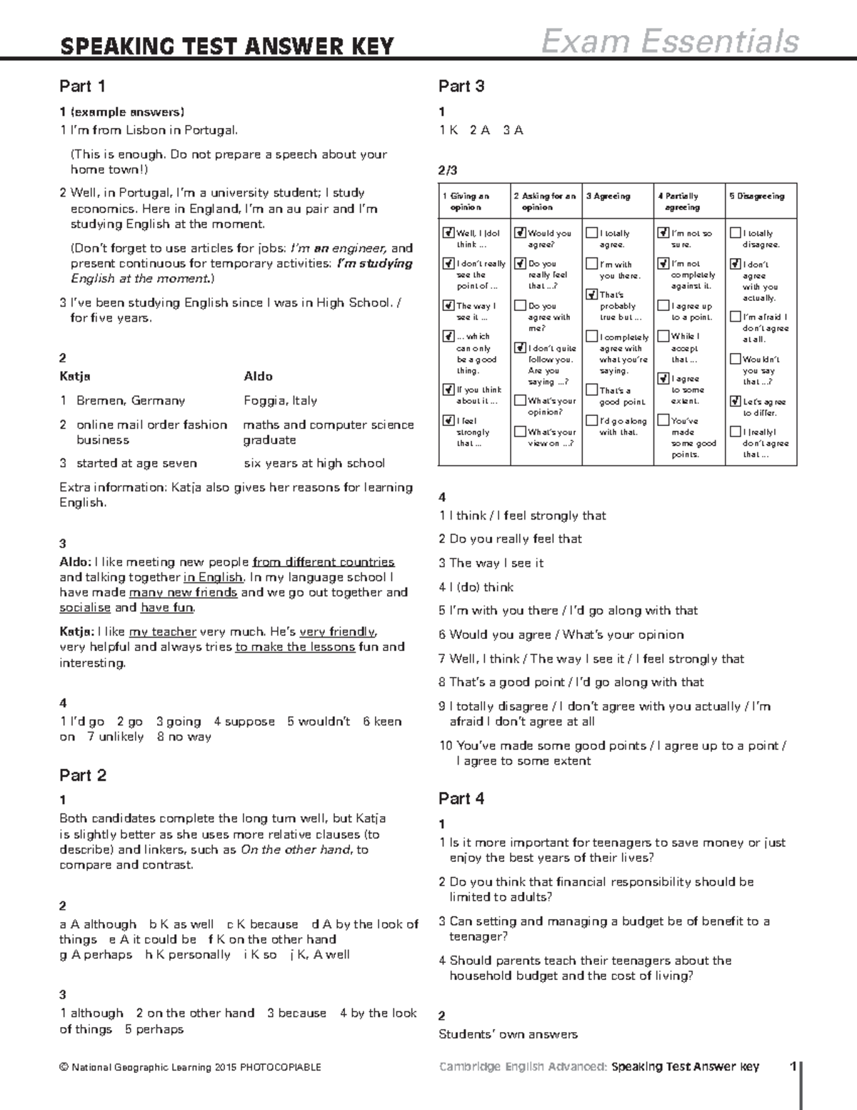 Advanced 2 Video key - Estudio - 1 SPEAKING TEST ANSWER KEY Exam ...