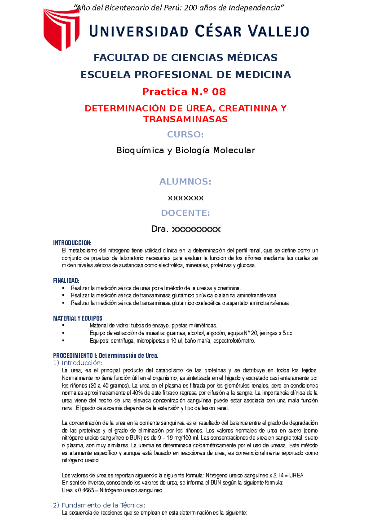 Practica 8 Determinantes DE UREA, Creatinina Y Transaminasas - FACULTAD ...