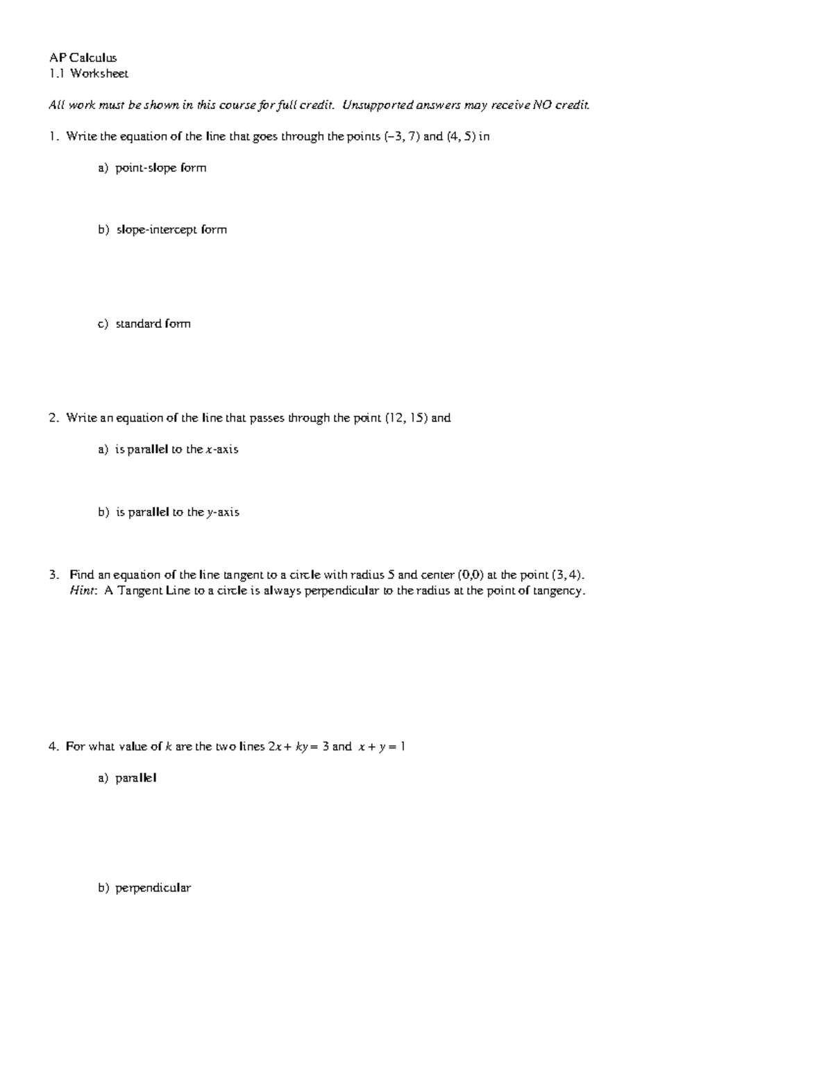 Calc - Chapter 1 Worksheet - AP Calculus 1 Worksheet All work must be ...