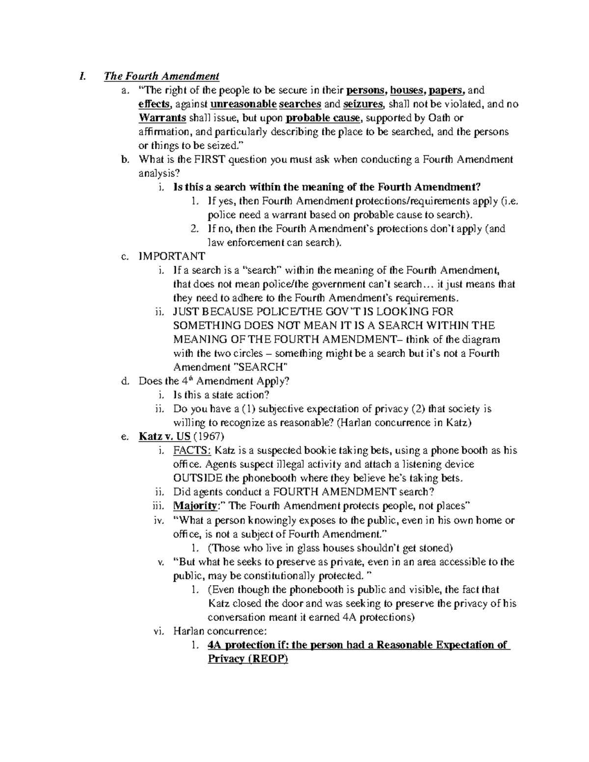 Criminal Procedure Outline - I. The Fourth Amendment a.“The right of ...