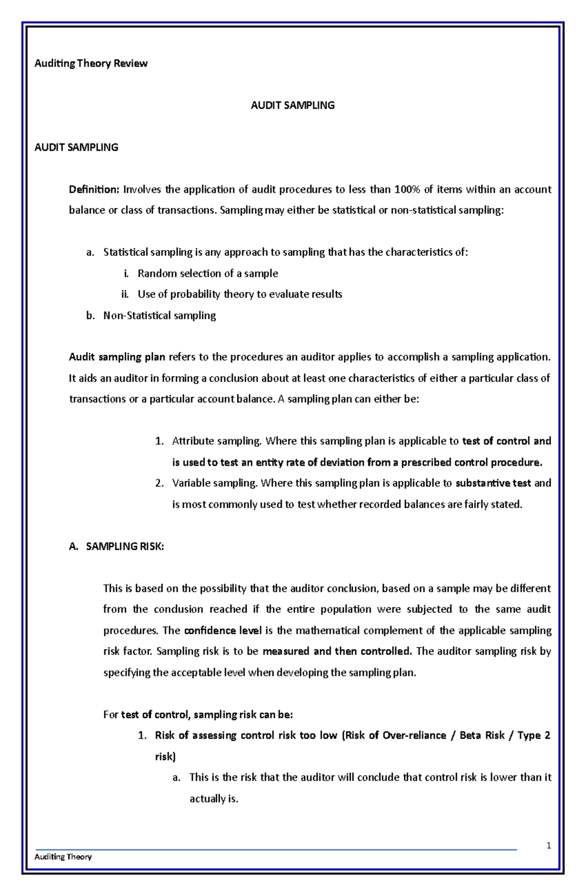 Audit Sampling - Auditing Theory Review AUDIT SAMPLING AUDIT SAMPLING Definition: Involves the ...