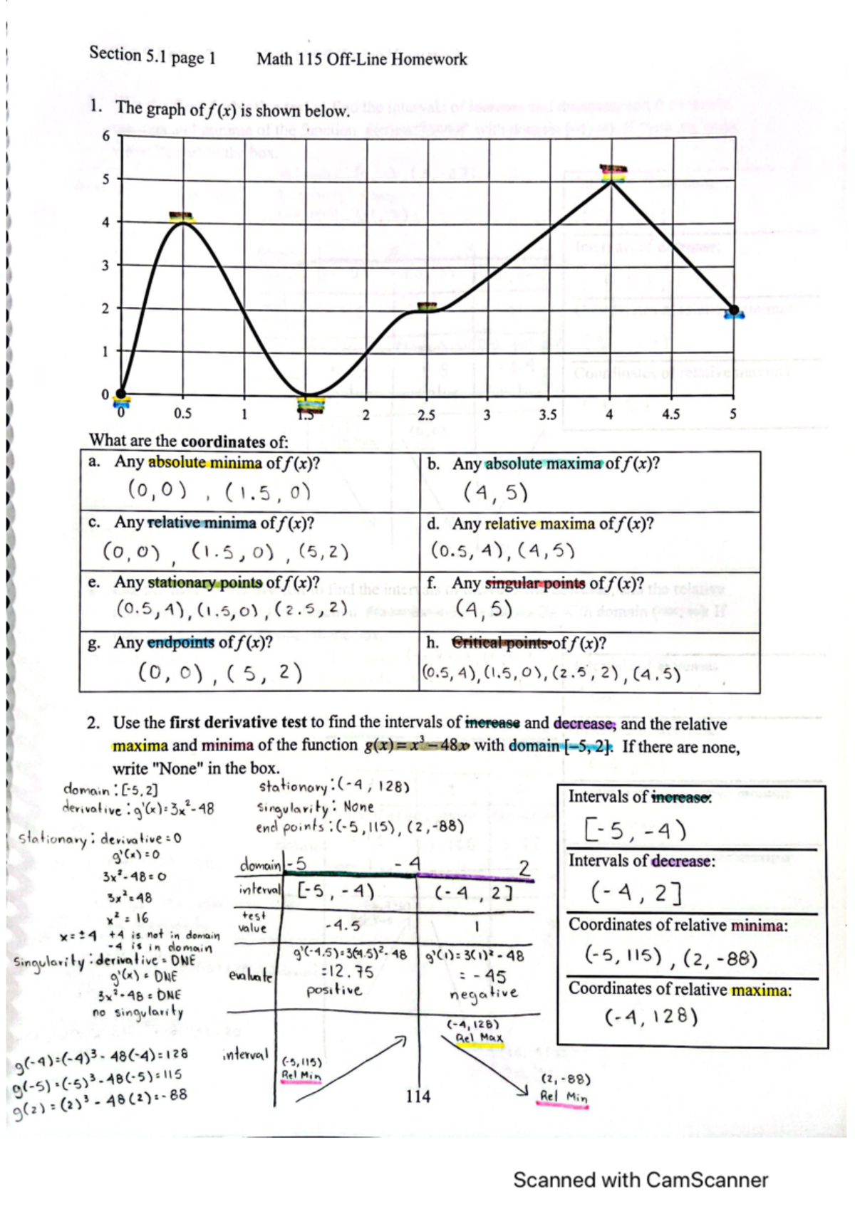 MATH 115 Off-Line Homework 5.1 First Derivative Test - MATH 115Z ...
