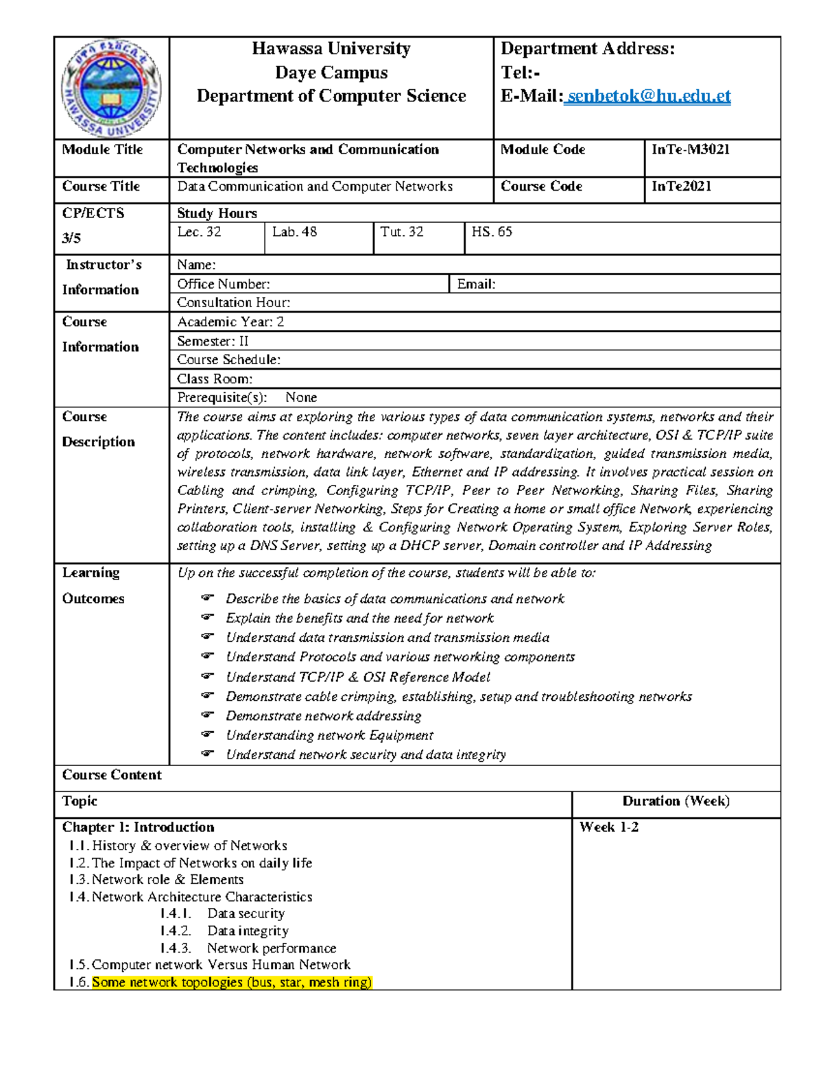 DCCN Cource Outline (Syllabus) - Hawassa University Daye Campus ...
