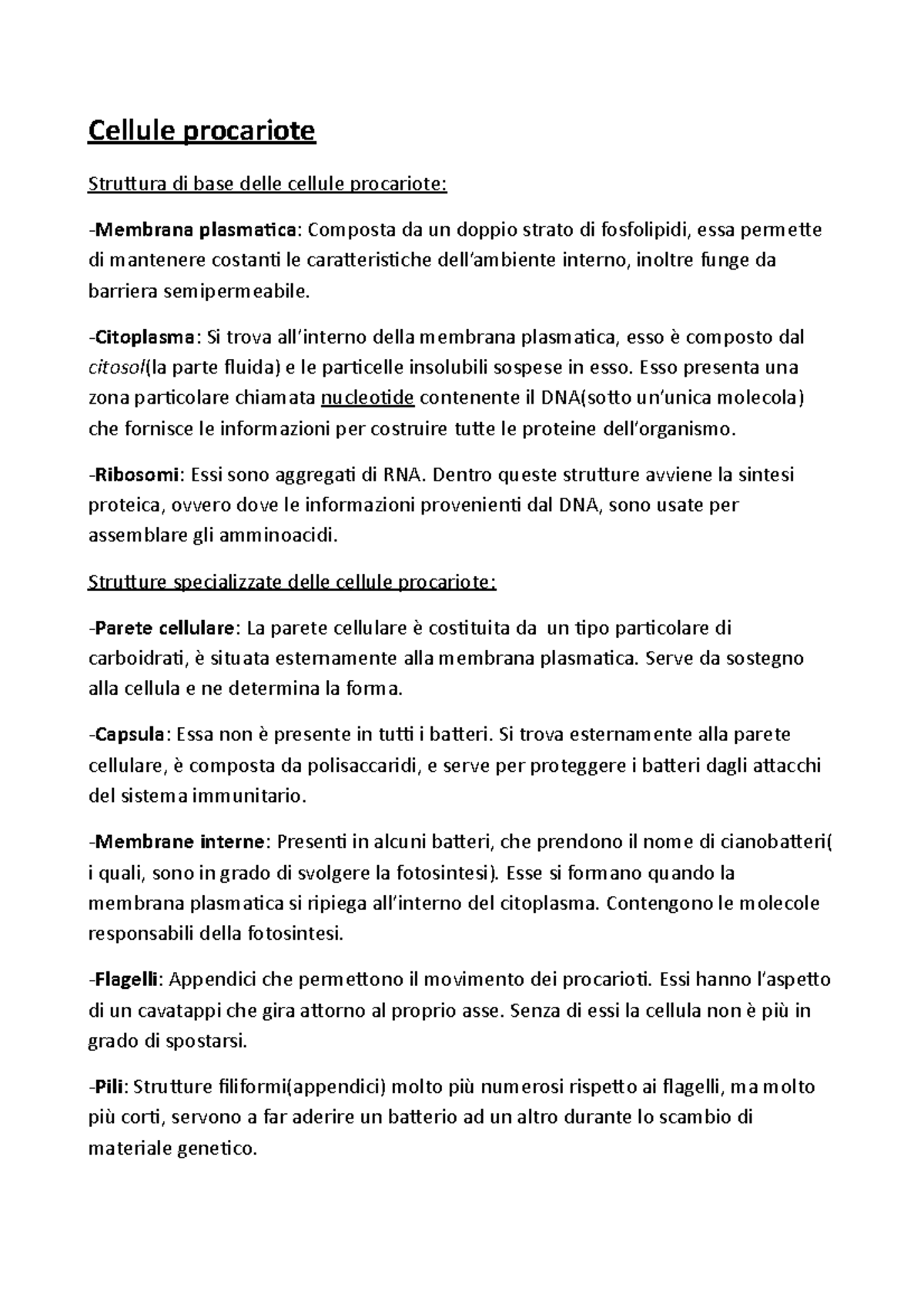 Le Cellule riassunto caratteristiche - Cellule procariote Struttura di ...
