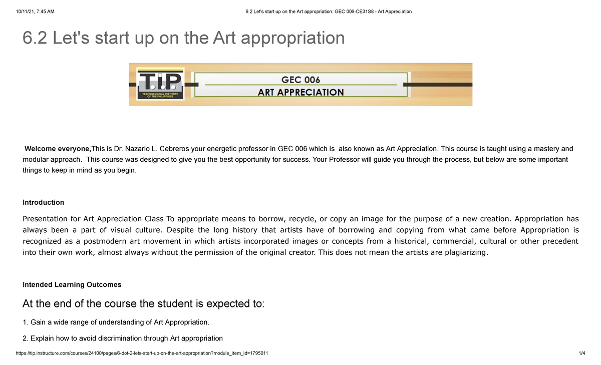 6.2 Let's start up on the Art appropriation GEC 006-CE31S8 - Art ...