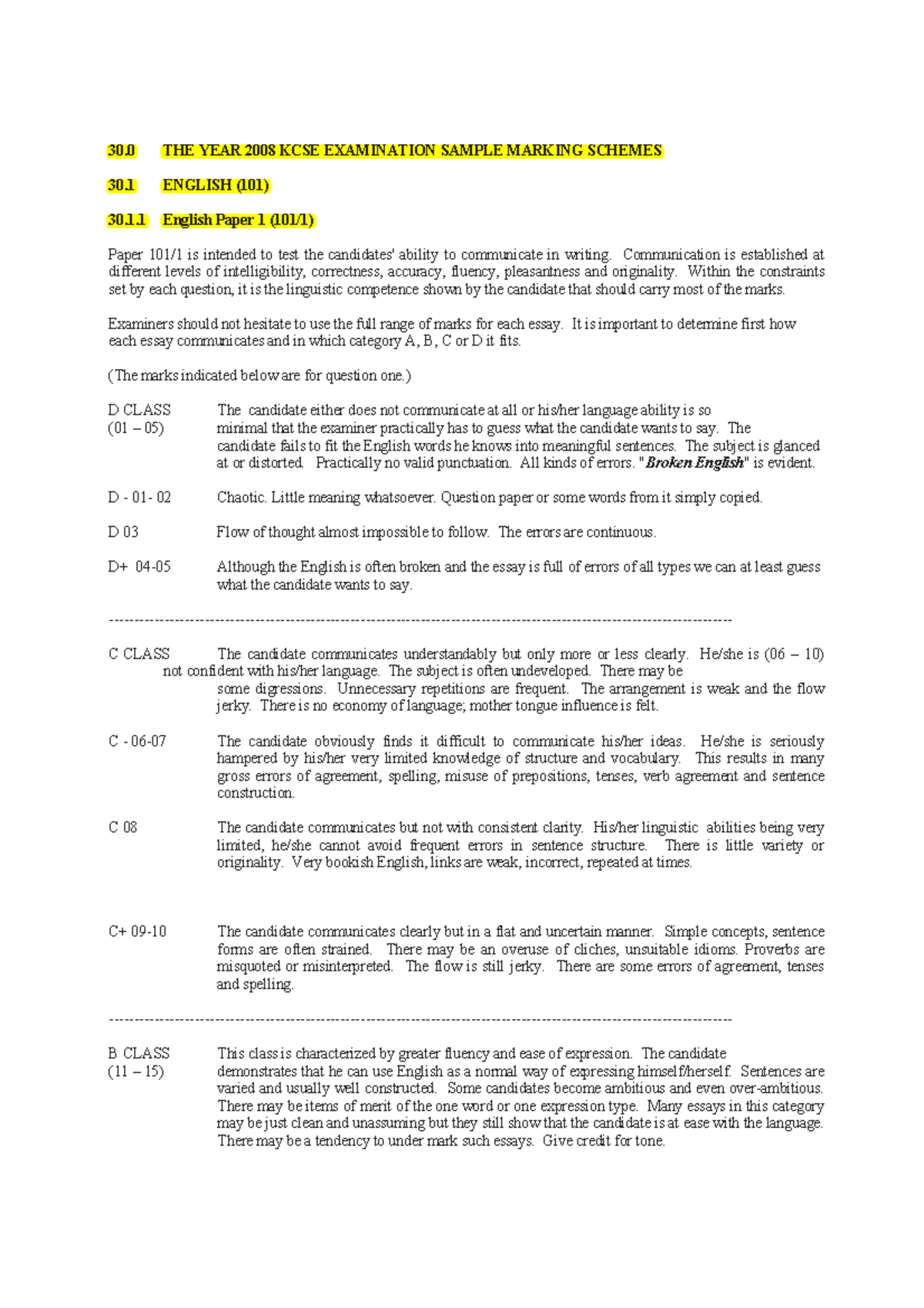 2008 kcse english answers - 30 THE YEAR 2008 KCSE EXAMINATION SAMPLE ...