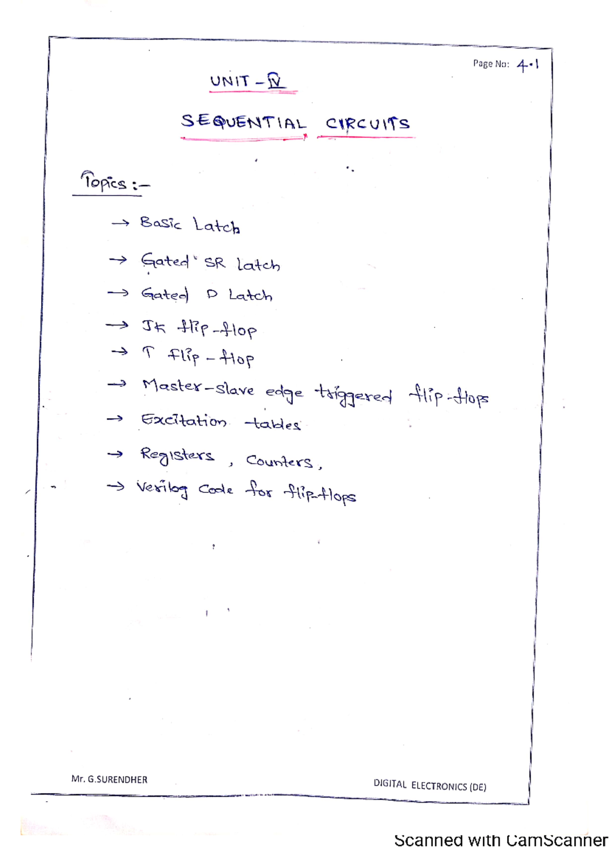 DE UNIT 4 - unit 4 - Page No: 4 UNIT SEQUENTIAL CIRCUITS Basic Latch SR ...