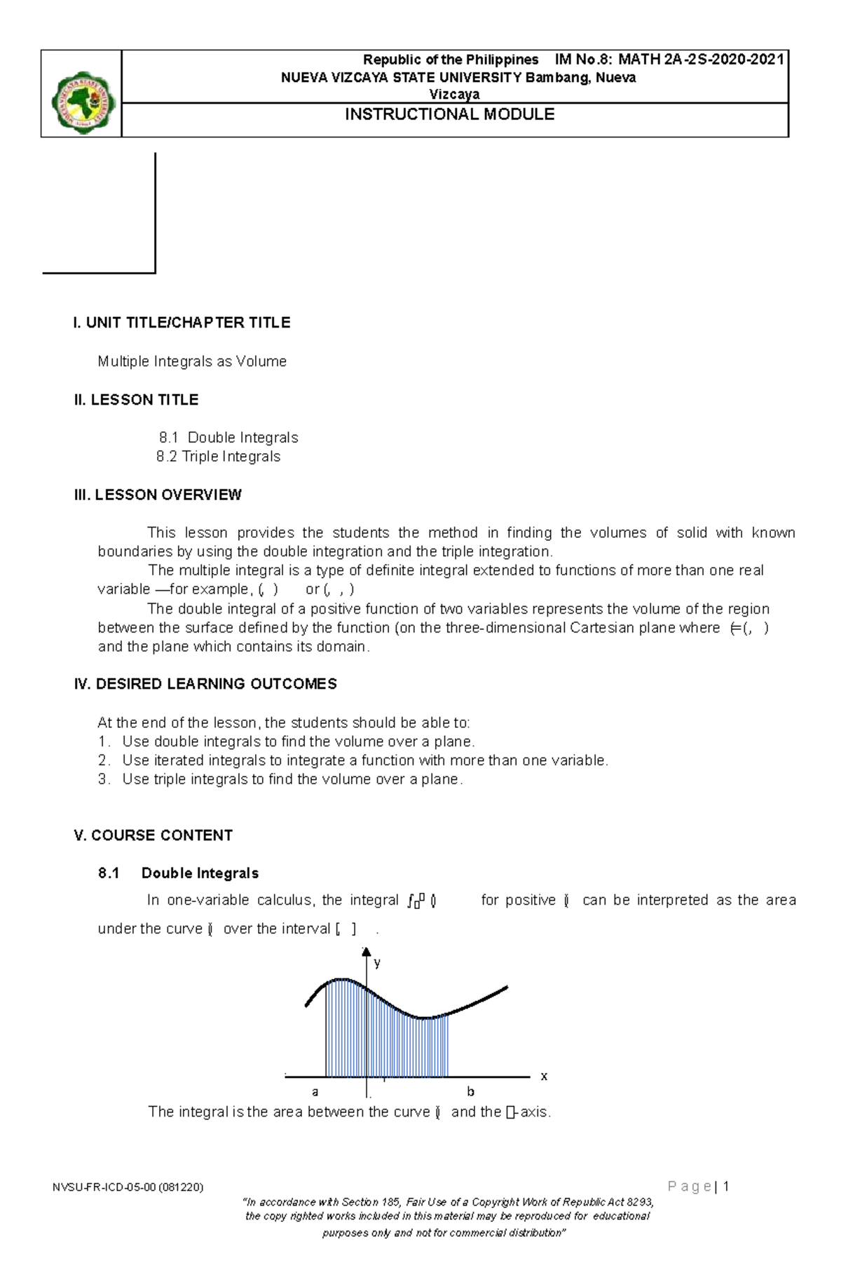 Integral Calculus IM7 - I. UNIT TITLE/CHAPTER TITLE Multiple Integrals ...