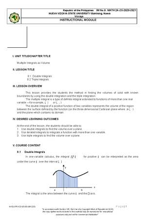 Integral Calculus IM1 - INTEGRATION CONCEPTS/FORMULAS - I. UNIT TITLE ...