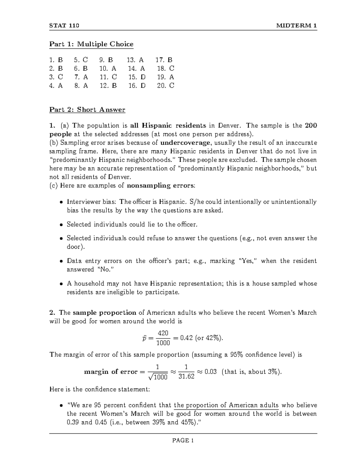 Sample Practice Exam 2017 Questions And Answers Stat 110 Midterm 1 Part 1 Multiple Choice 1