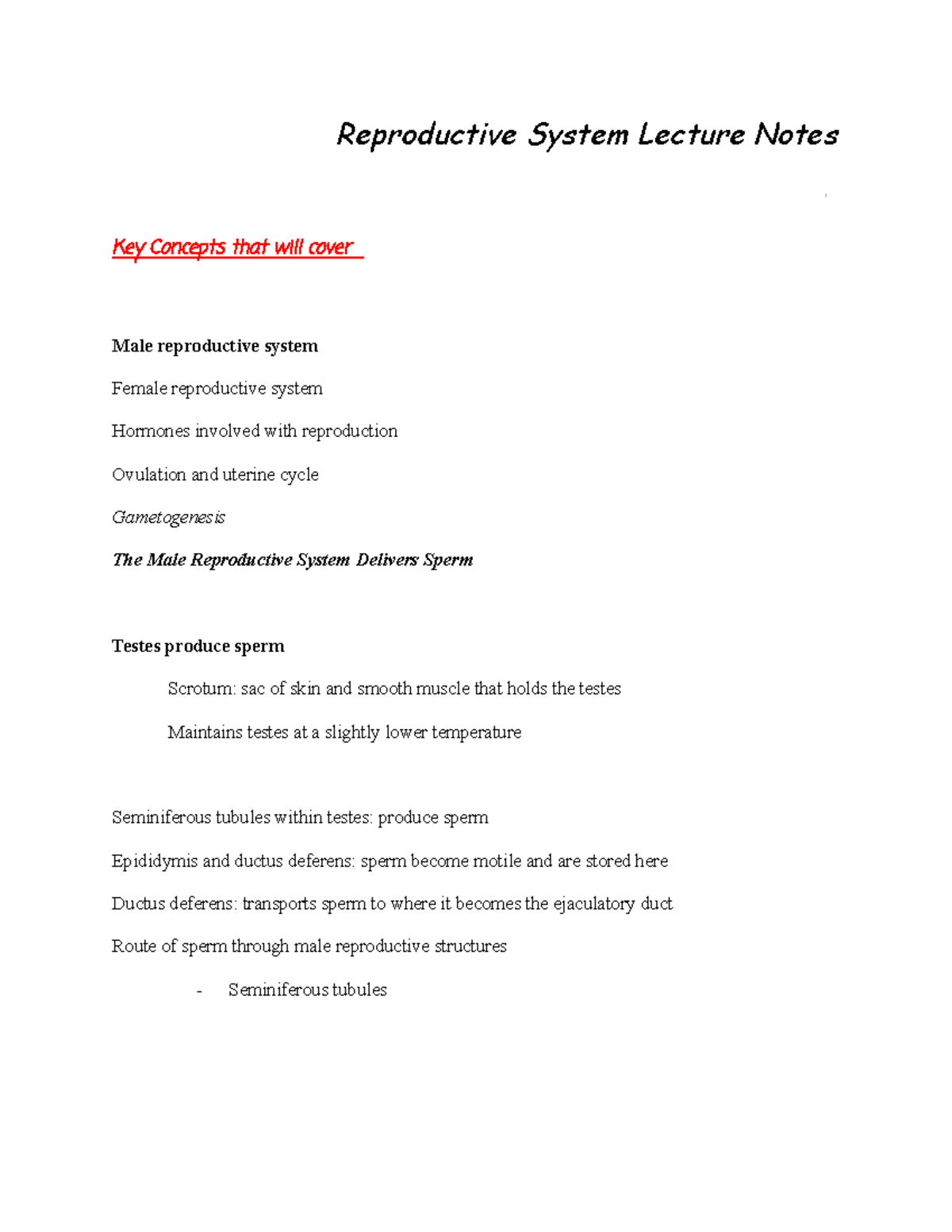 Reproductive System Lecture Notes-Biology 101 - Reproductive System ...