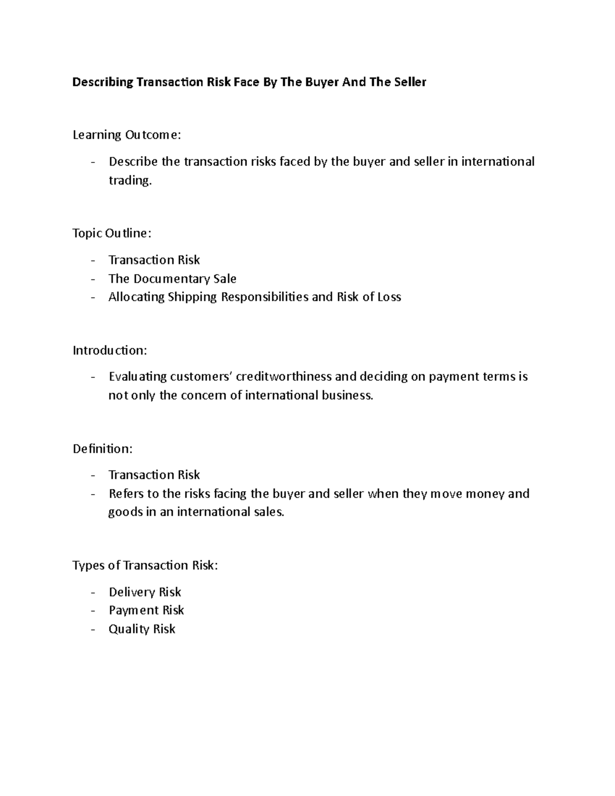 Describing Transaction Risk Face By The Buyer And The Seller - Topic ...