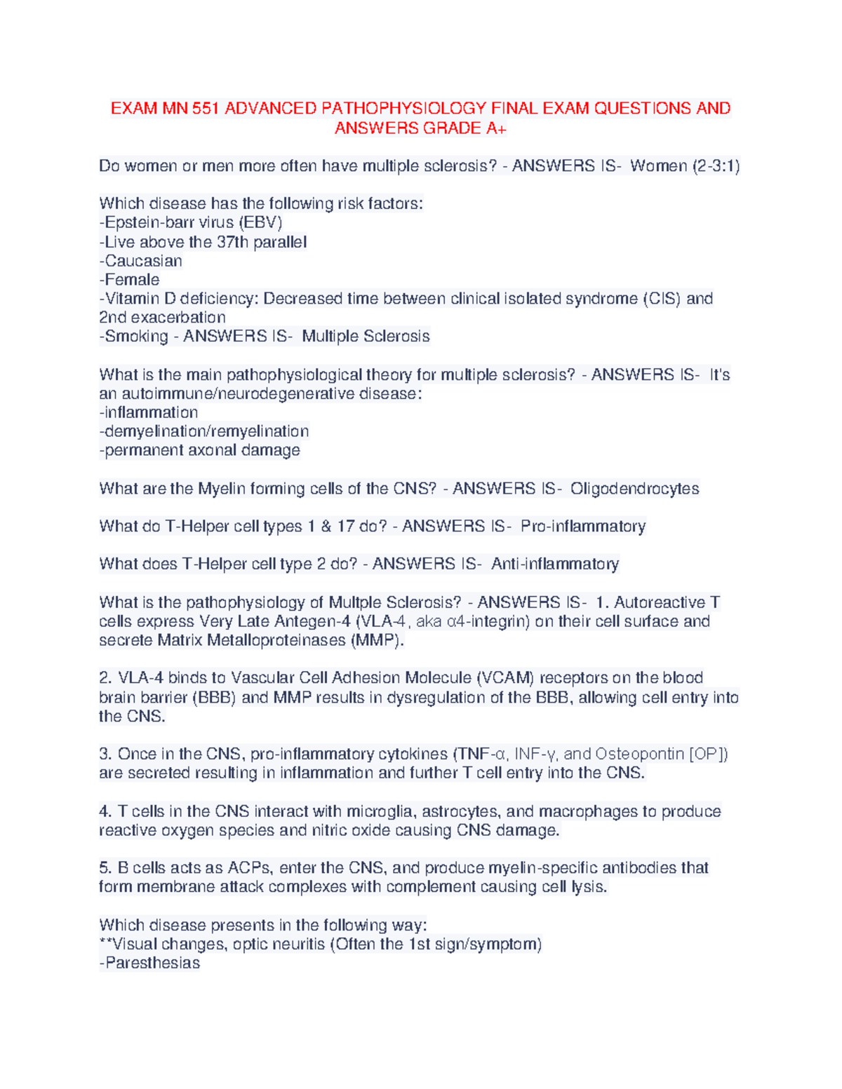 EXAM MN 551 Advanced Pathophysiology Final EXAM Questions AND Answers ...