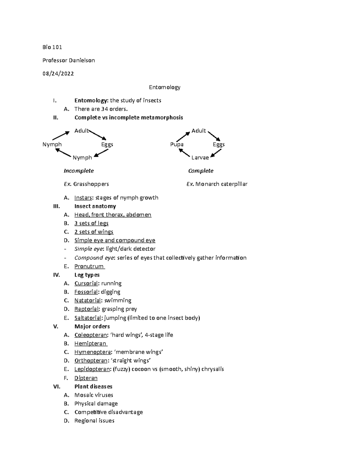 Entomology notes bio101 - Bio 101 Professor Danielson 08/24/ Entomology ...