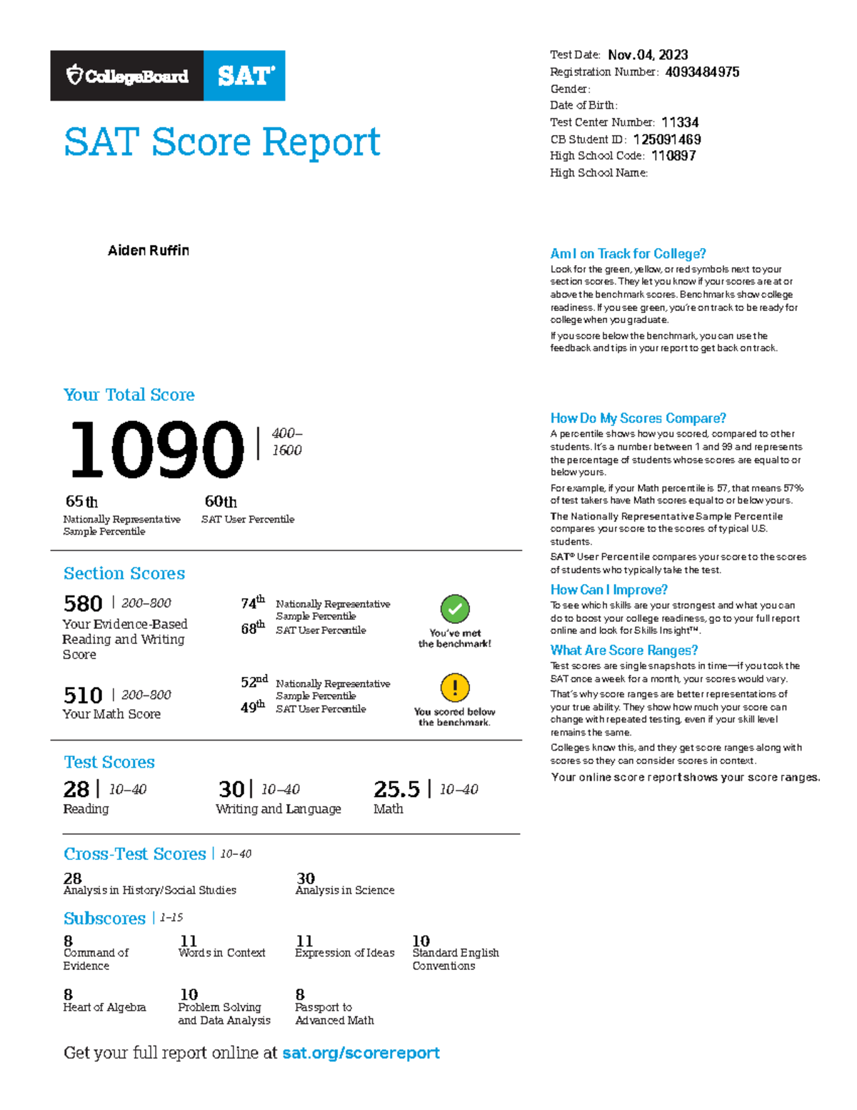 SATStudent Score Report 17012017 57626 - SAT Score Report Am I on Track ...