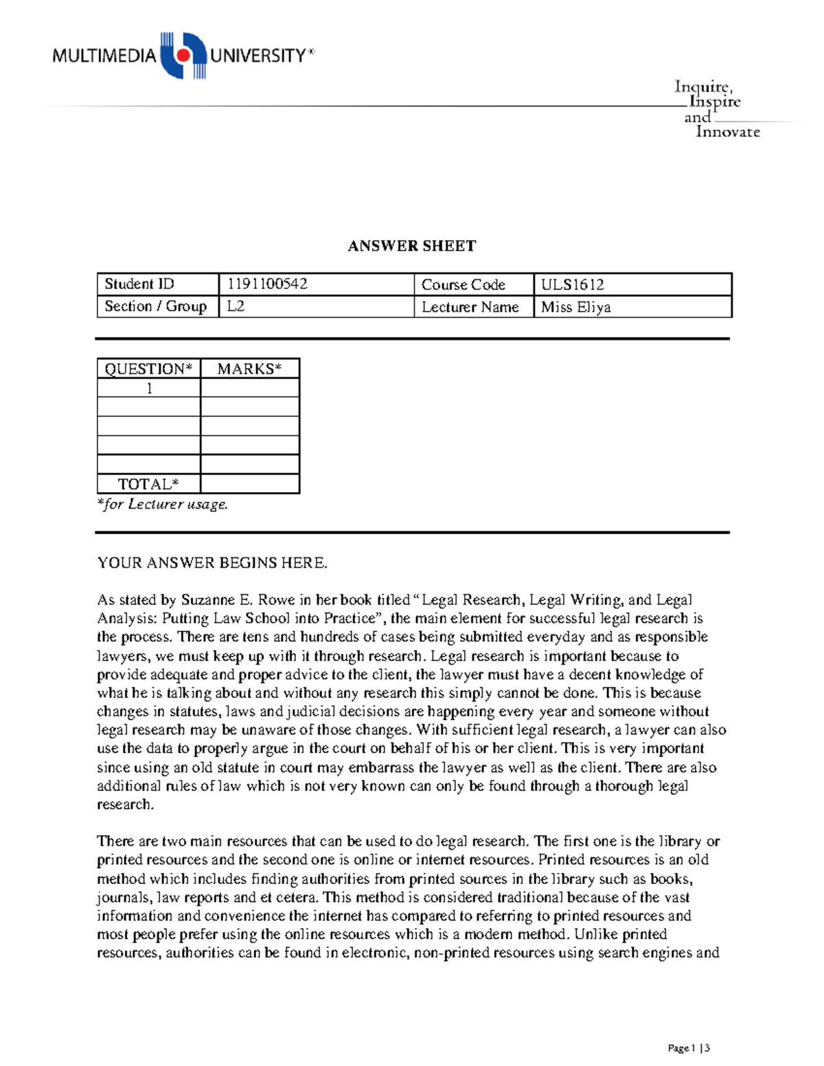 ULS1612 Legal Skills mideterm answer - ANSWER SHEET Student ID ...
