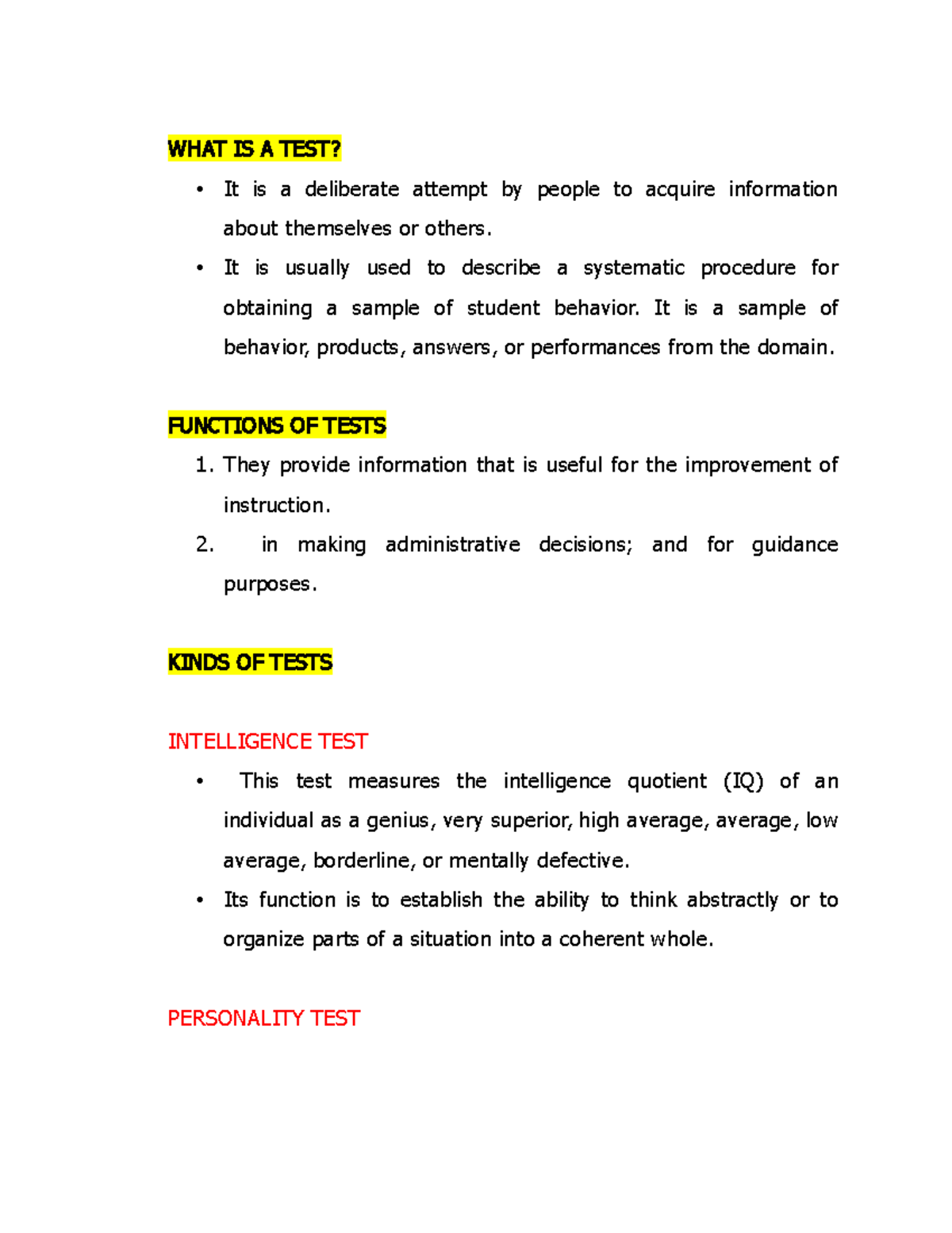 1st Sem 2023 Kinds OF Tests - WHAT IS A TEST? It is a deliberate ...