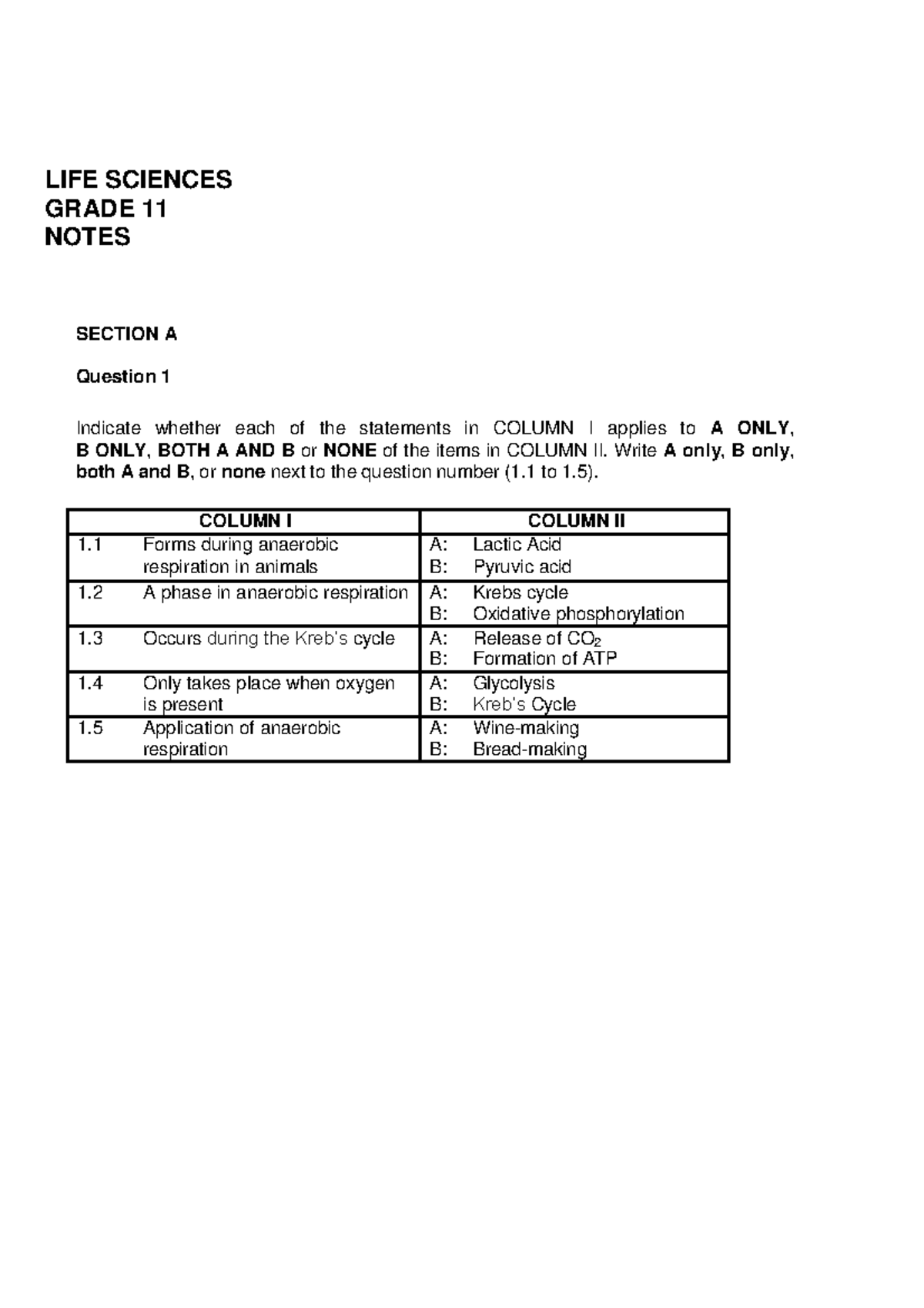 LIFE Sciences Grade 11 Notes - LIFE SCIENCES GRADE 11 NOTES SECTION A ...