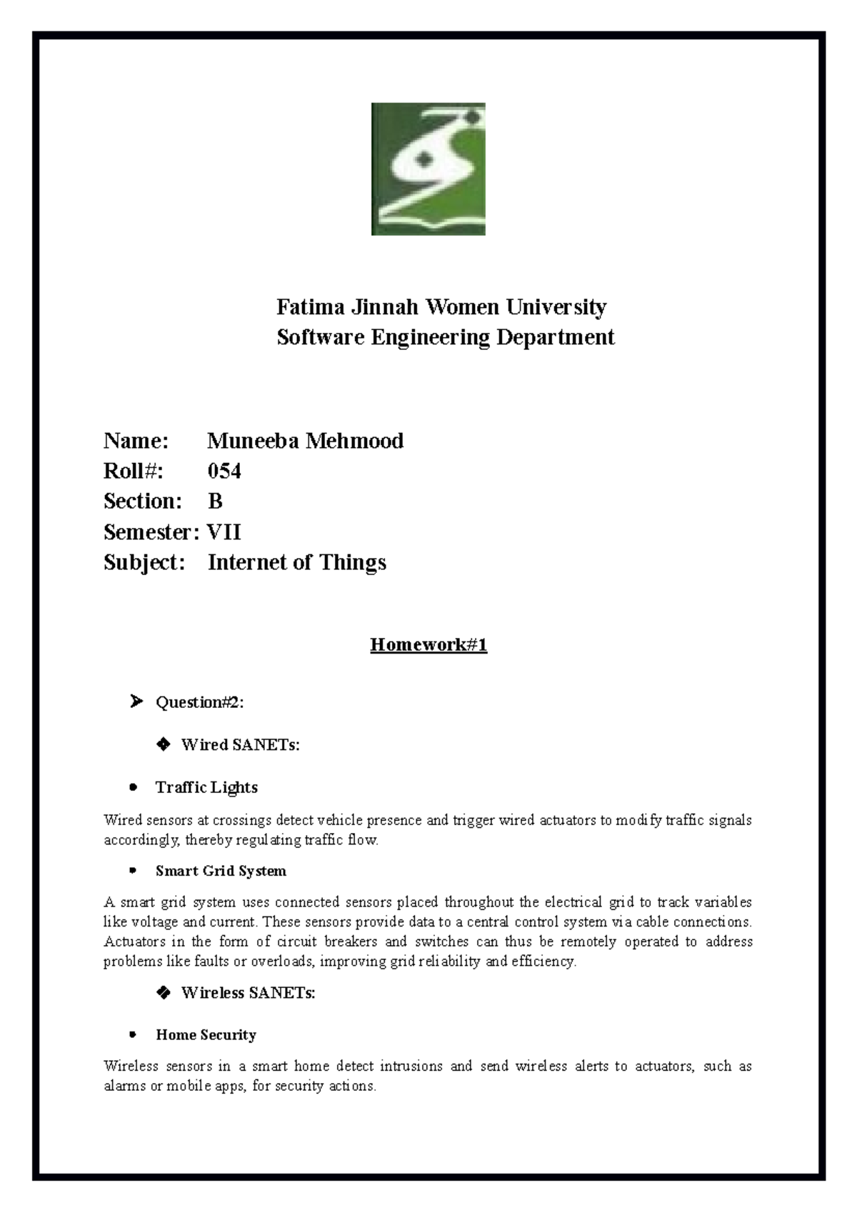 IOT Homework 1 PRACTICE - Fatima Jinnah Women University Software ...
