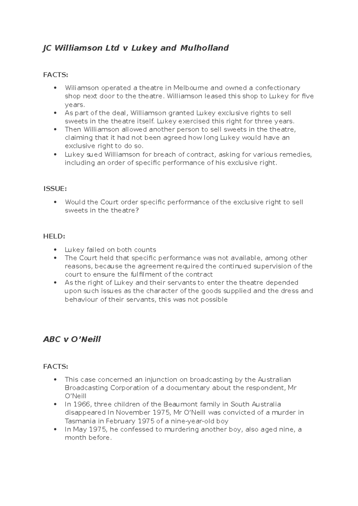 Wk 7- Case Readings - Summary Commercial Remedies - JC Williamson Ltd v Lukey and Mulholland ...