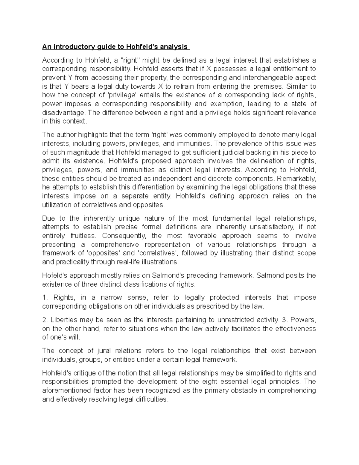 An introductory guide to Hohfeld - Hohfeld asserts that if X possesses ...