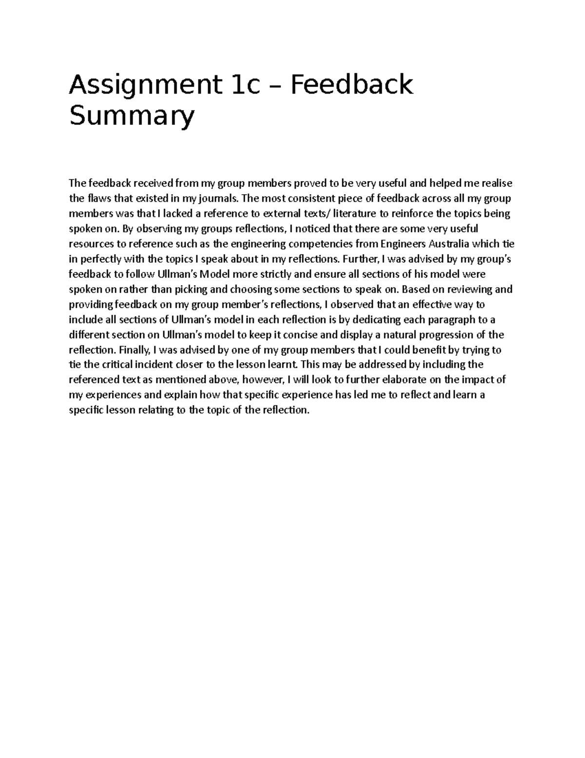 41038 Assignment 1c - Feedback Summary - Assignment 1c – Feedback Summary The feedback received ...