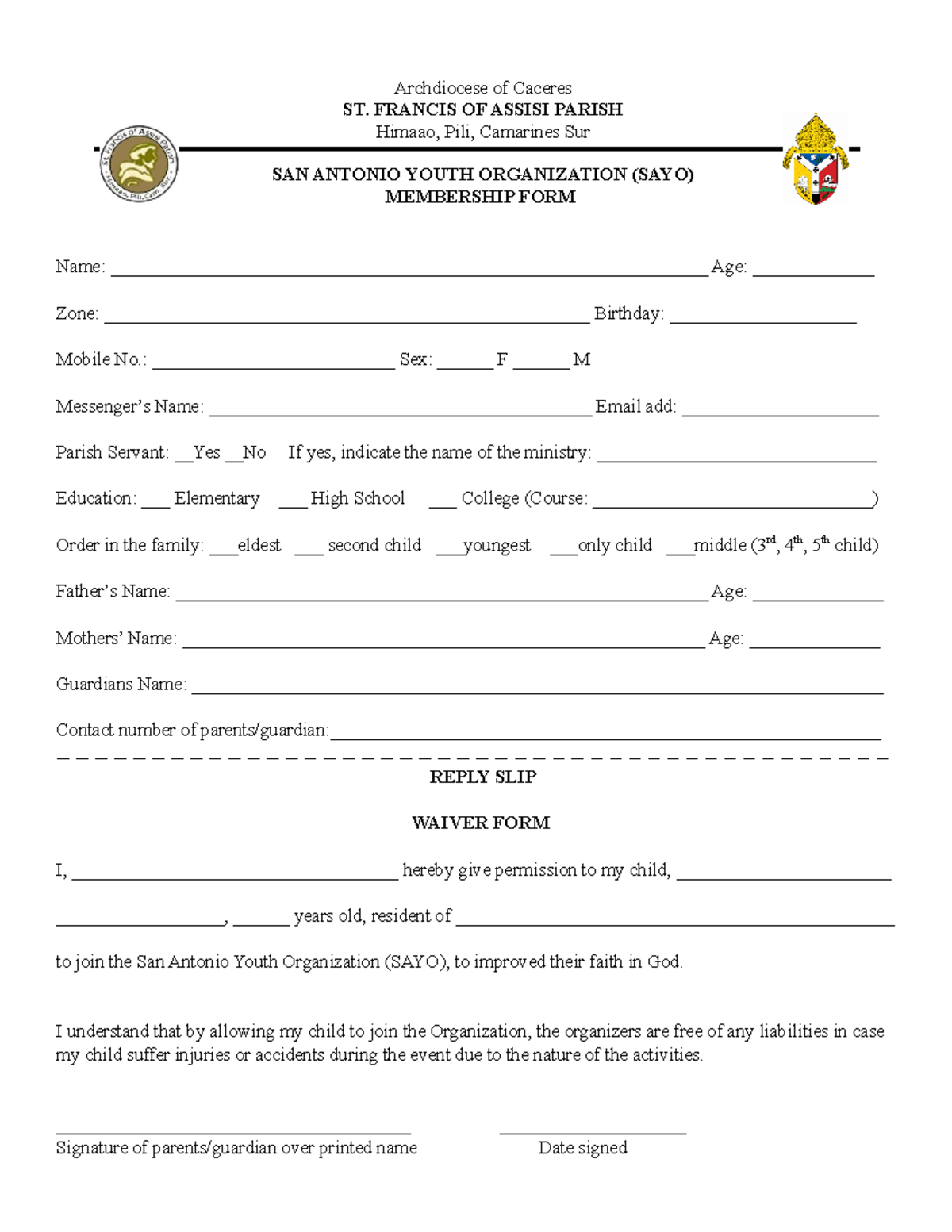 SAN Antonio Youth Organization SAYO - ST. FRANCIS OF ASSISI PARISH ...