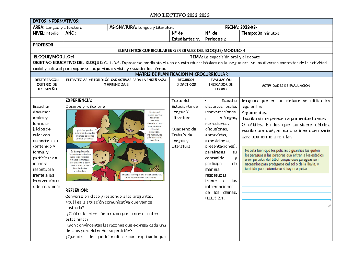 PLAN DE Clase Lengua Quinto - AÑO LECTIVO 2022- DATOS INFORMATIVOS: AREA: Lengua y Literatura ...