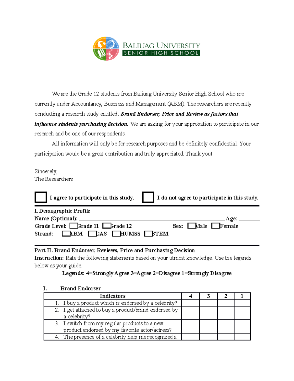 Research- Instrument 2 - We are the Grade 12 students from Baliuag ...