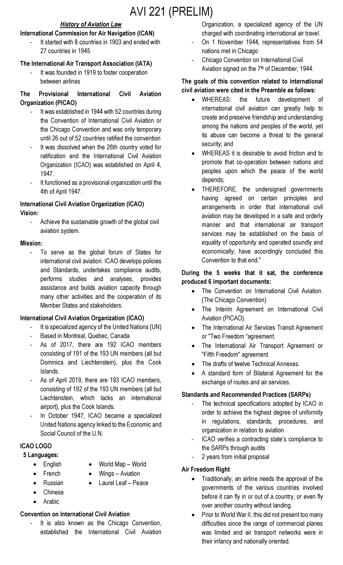 AVI 221 - Lecture notes about aviation legislation - History of ...