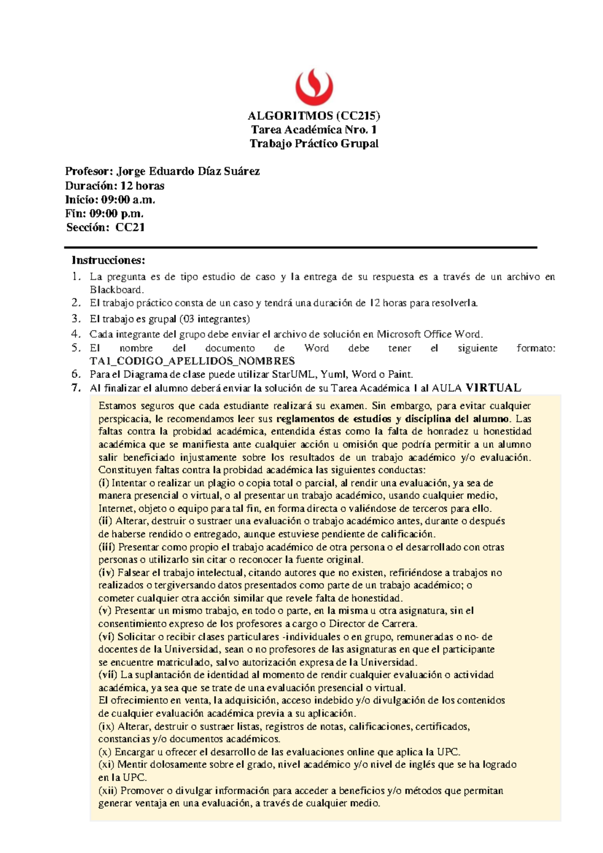 CC21 - Trabajo Académico I - Algoritmos - ALGORITMOS (CC215) Tarea ...