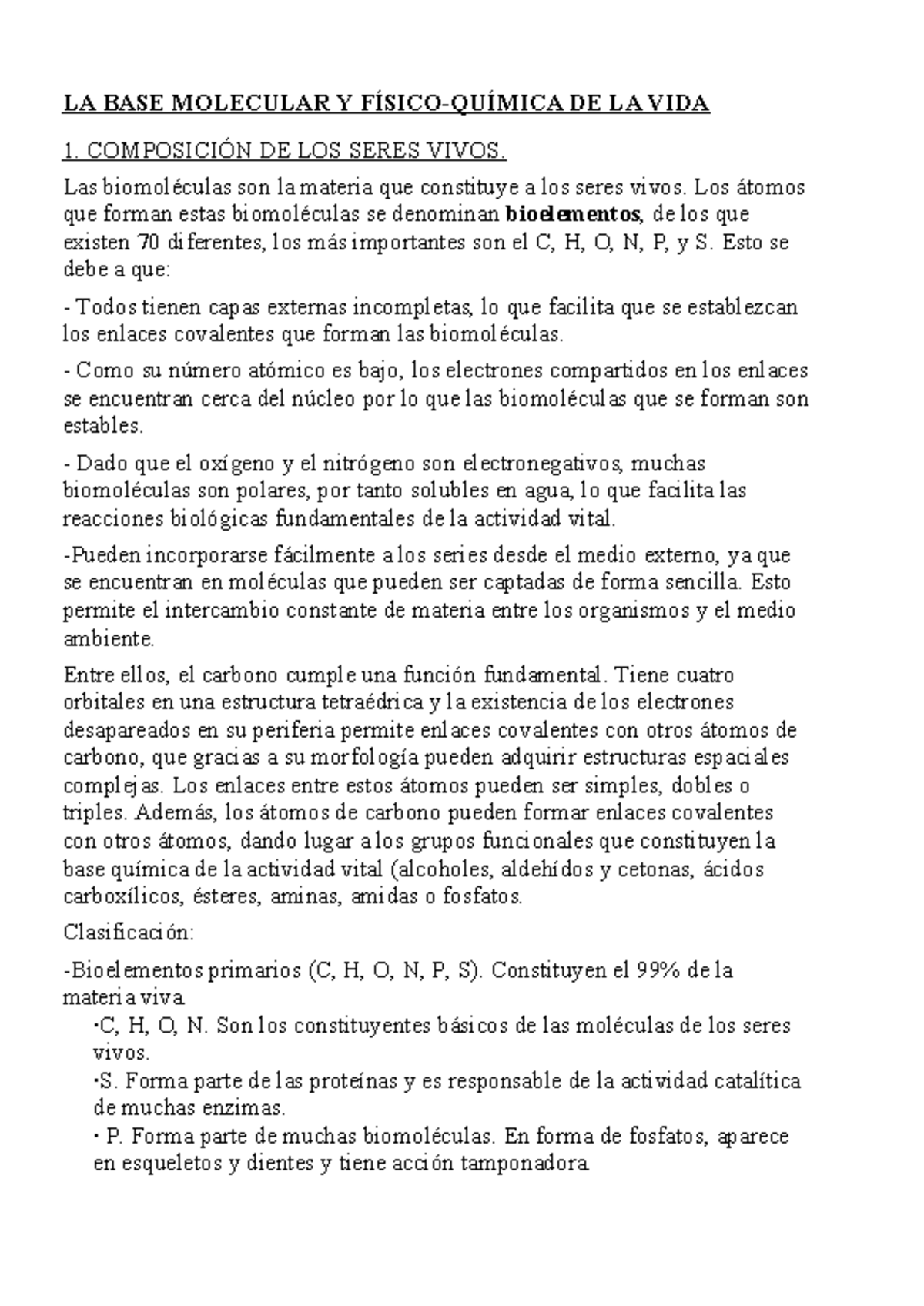 Biología Biomoléculas - LA BASE MOLECULAR Y FÍSICO-QUÍMICA DE LA VIDA 1. COMPOSICIÓN DE LOS ...