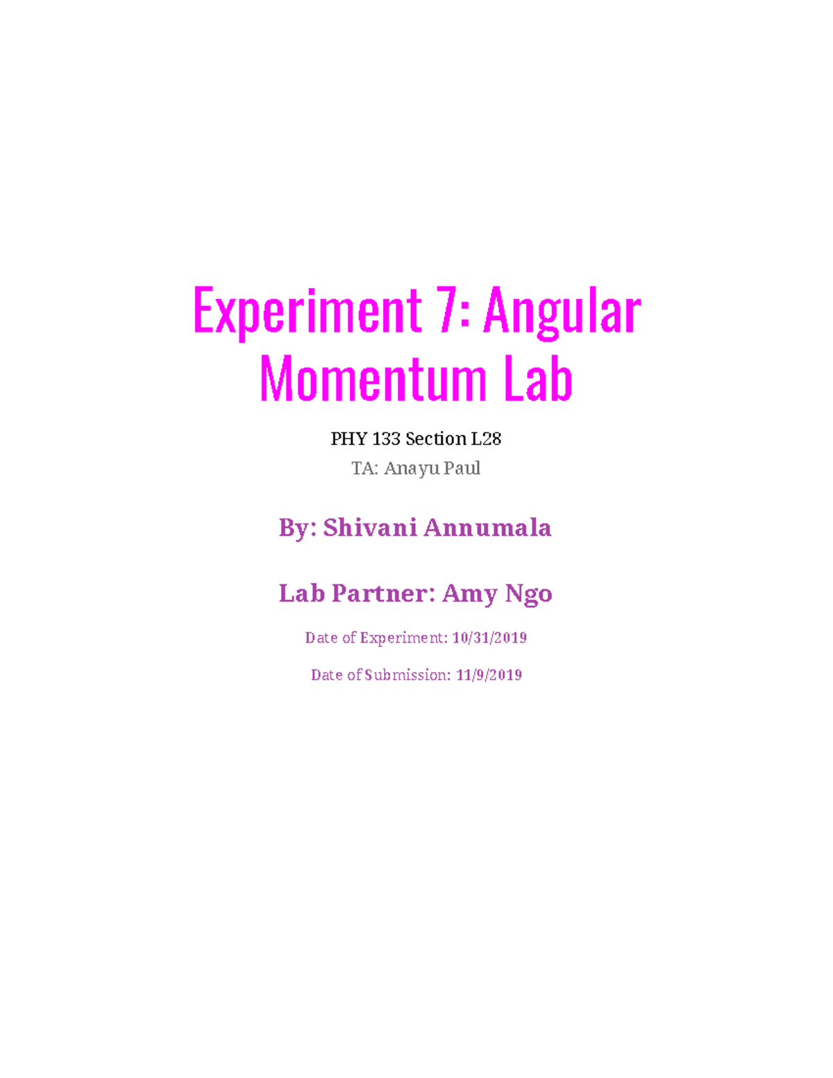 Experiment 7 Angular Momentum Lab - Experiment 7: Angular Momentum Lab ...