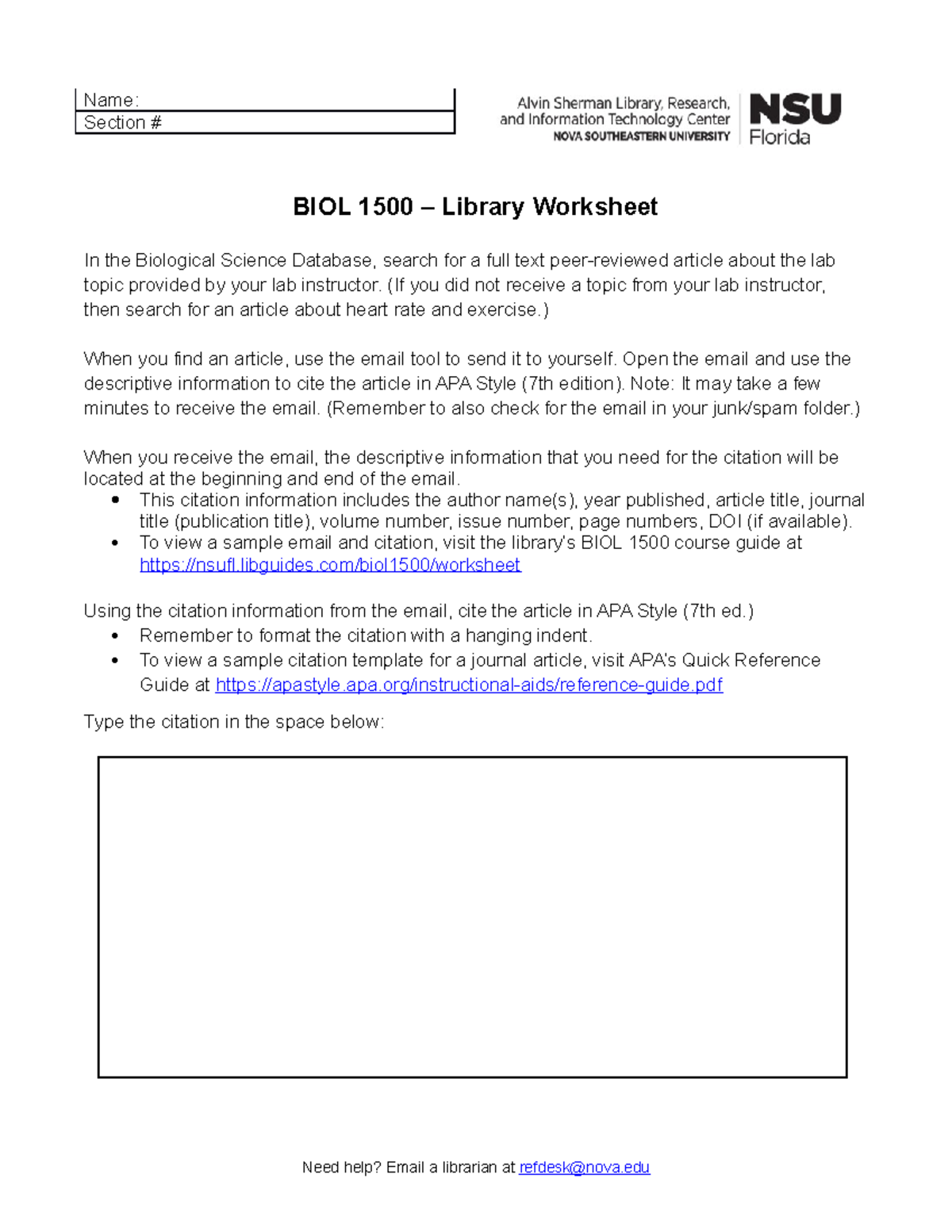 BIOL 1500 - Worksheet - Fall 2020 - BIOL 1500 – Library Worksheet In ...