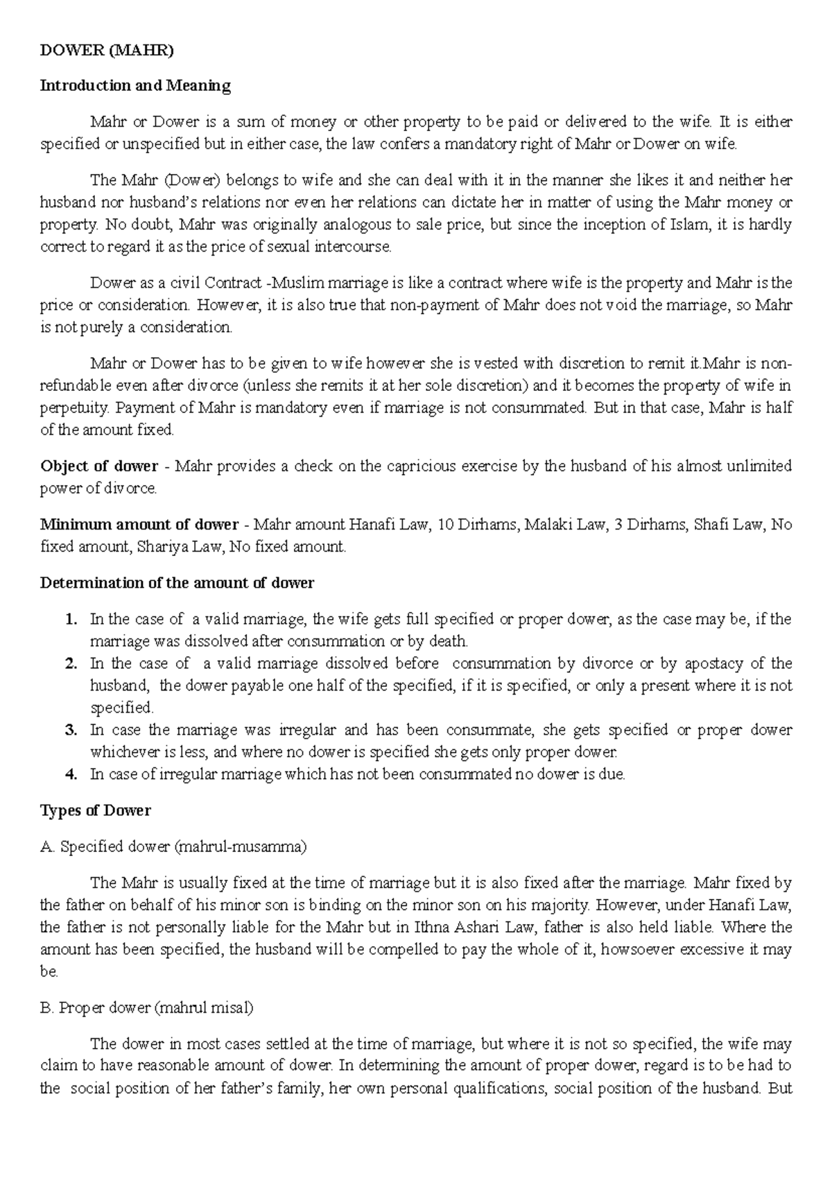 Muslim law Dower - DOWER (MAHR) Introduction and Meaning Mahr or Dower is a sum of money or ...